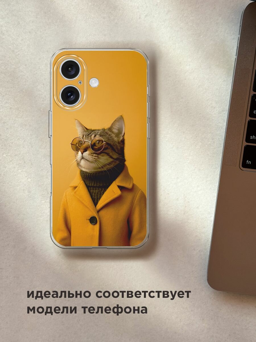 Чехол на Apple iPhone 16 / Айфон 16 с принтом "Деловой кот в пальто" — фото 1