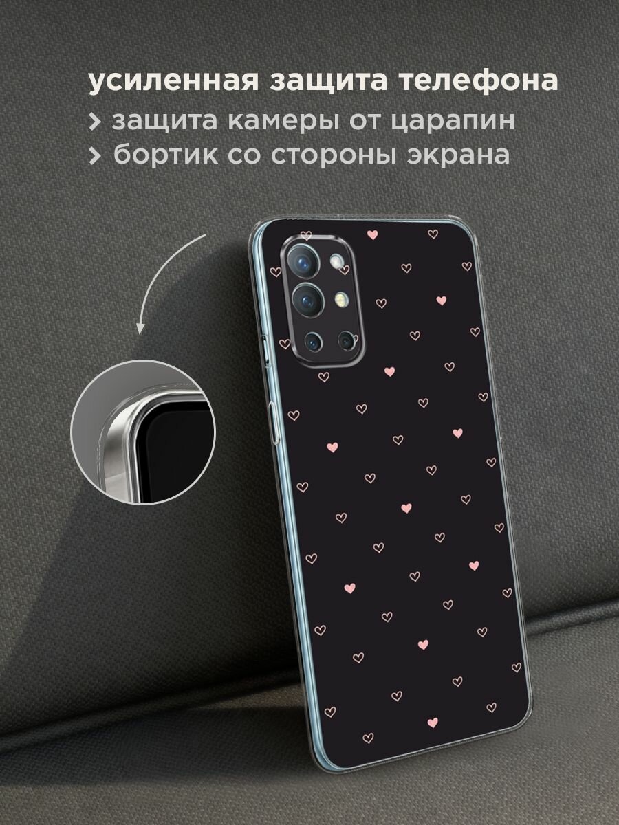 Чехол на OnePlus 9R / ВанПлас 9R с принтом "Черный фон и сердечки" — фото 1