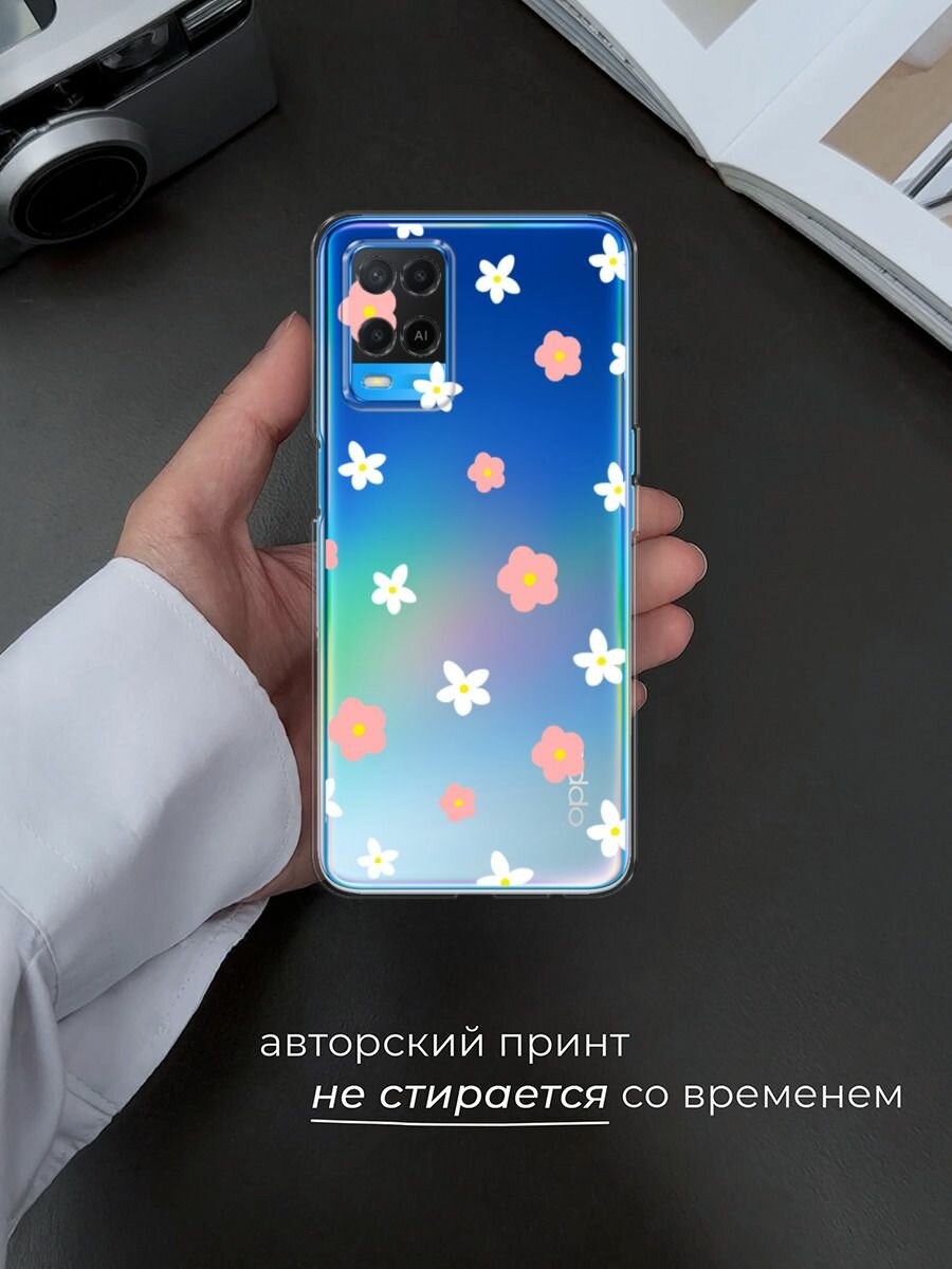 Чехол на Oppo A54 / Оппо A54 с принтом "Розовые и белые цветы", прозрачный — фото 1