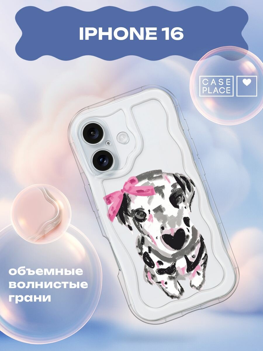 Чехол на Apple iPhone 16 / Айфон 16 с принтом "Далматинец с бантиком 3"