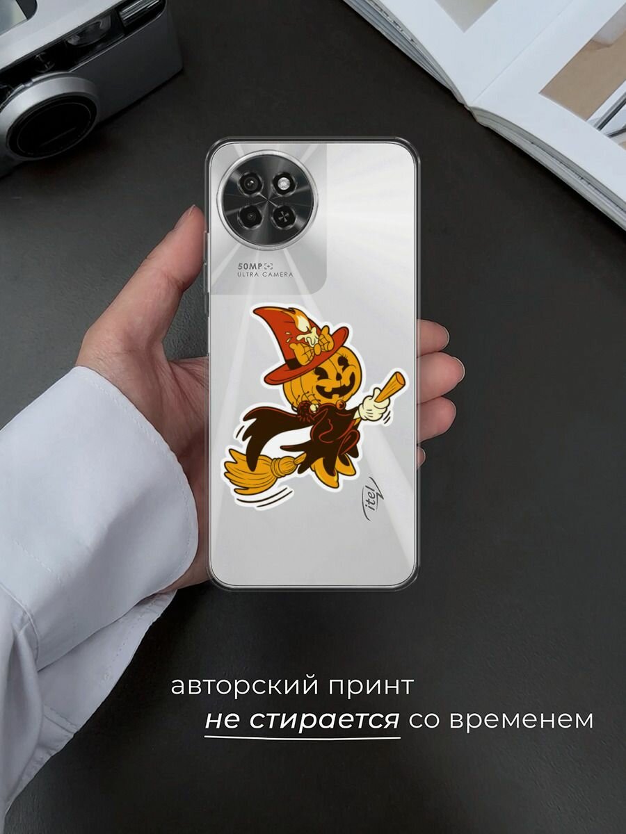 Чехол на Itel S23 / Ител S23 с принтом "Тыква на метле", прозрачный — фото 1