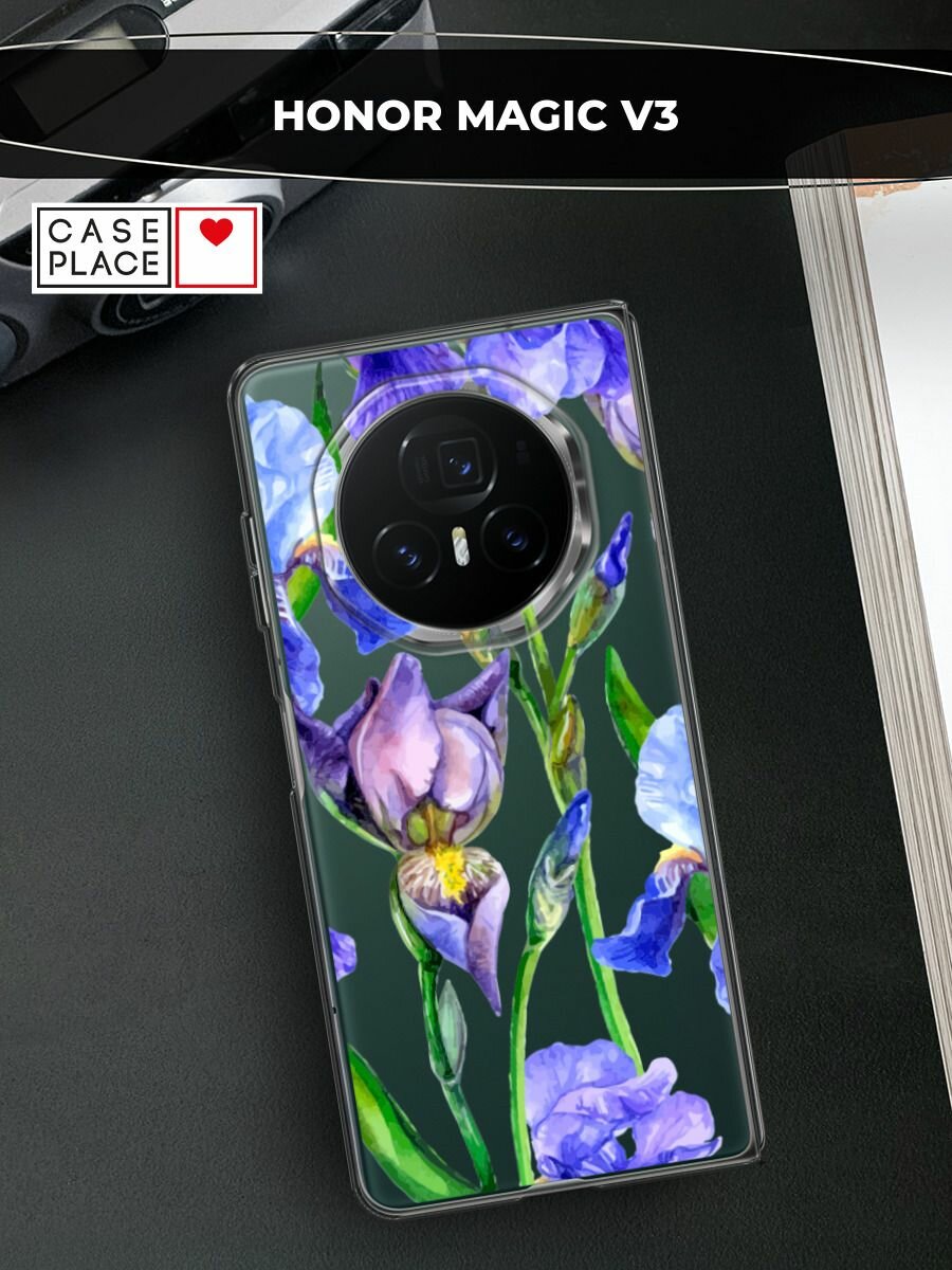 Чехол на Honor Magic V3 / Хонор Мэджик V3 с принтом "Синие ирисы", прозрачный