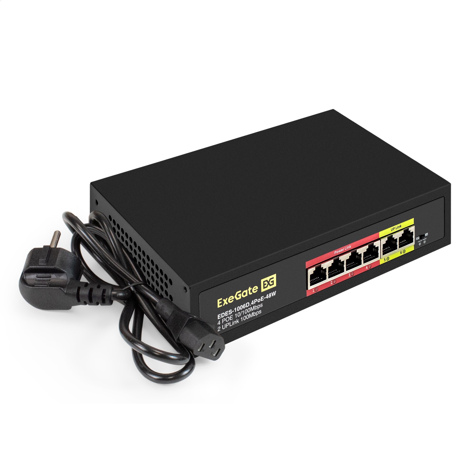 Коммутатор неуправляемый ExeGate EDES-1006D.4PoE-48W (6-портовый UTP 10/100 Base-Tx: 4 порта 802.3af (PoE), мощность PoE: 25W, суммарно 48W, 2 порта RJ45 uplink, настенный/настольный, металлический корпус) EX299020RUS