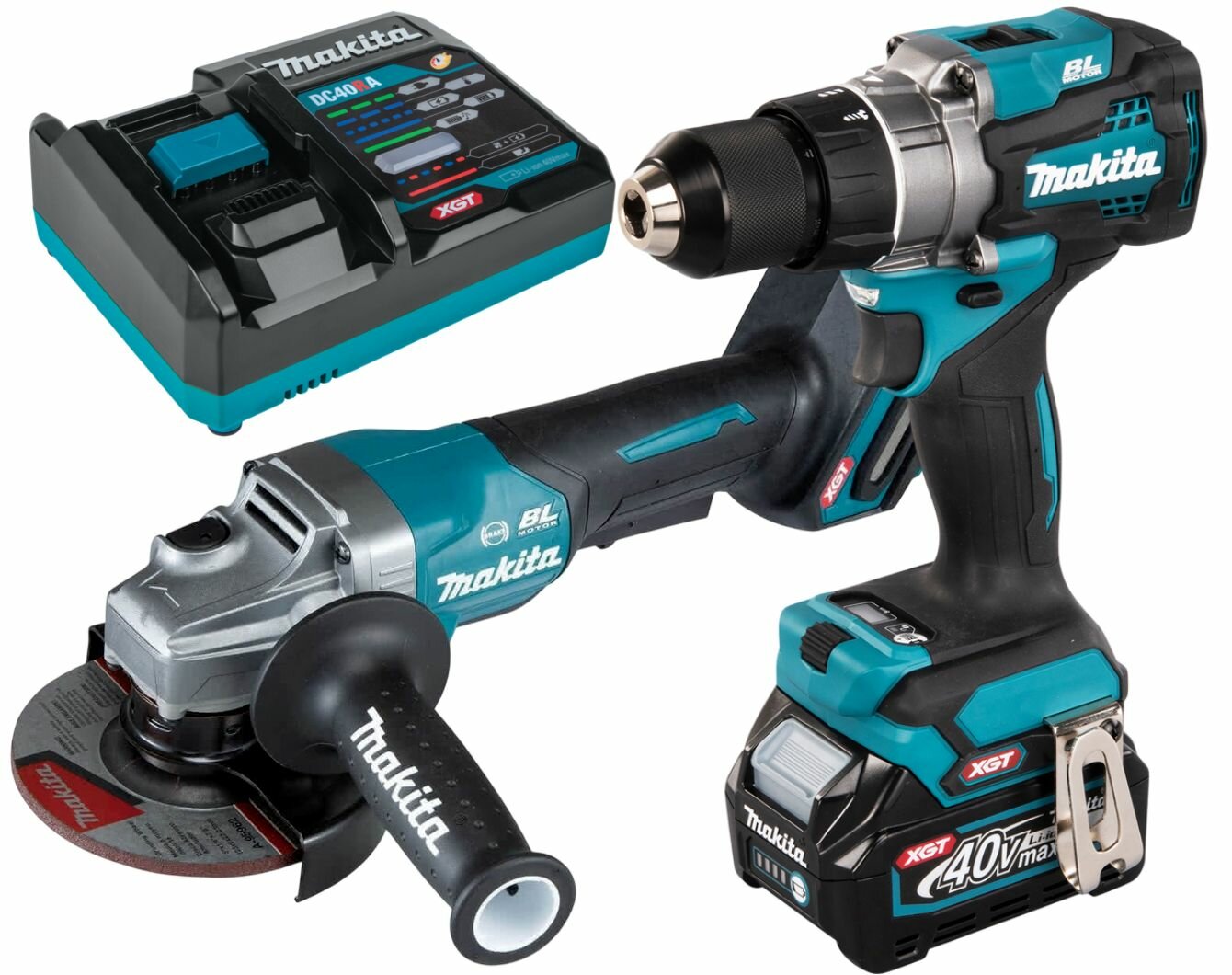 Набор аккумуляторного инструмента Makita, 40 В: угловая шлифмашина GA013GZ + дрель-шуруповерт DF001GZ, с АКБ 4 Ач и быстрым ЗУ 6 А (PT1422)