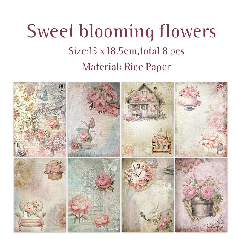 Рисовая бумага для скрапбукинга, 8 шт, Sweet blooming flowers