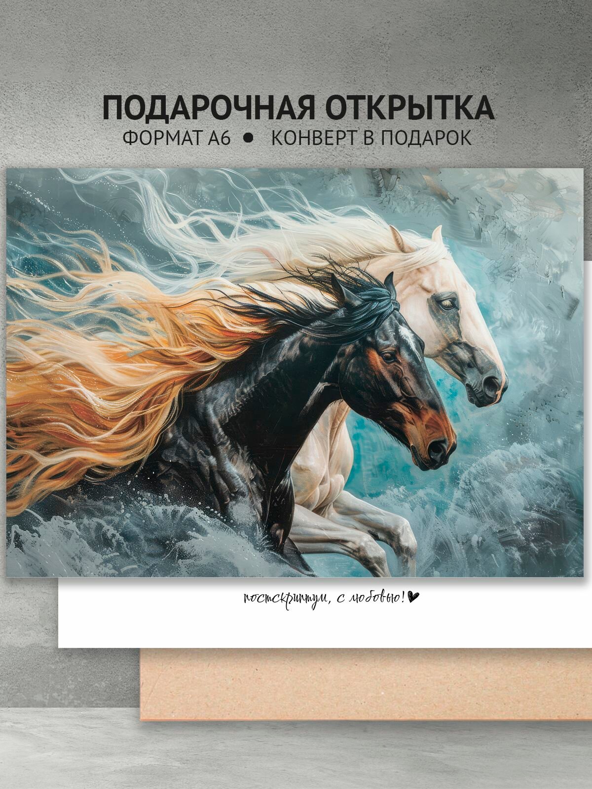 Подарочная открытка с уникальной иллюстрацией лошади на день, рождения, юбилей, без повода или для коллекционирования