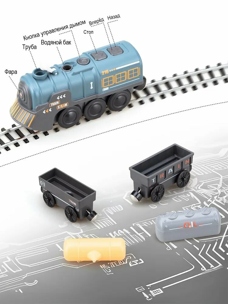 Детский игрушечный поезд на пульте управления: с дымом, звуком, светом для деревянных и пластиковых рельсов