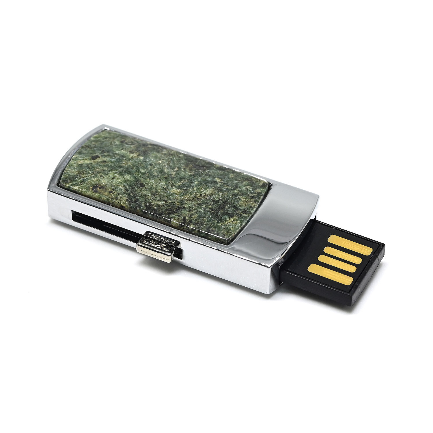 Флеш карта USB на 64GB с накладкой из змеевика, серебристая.