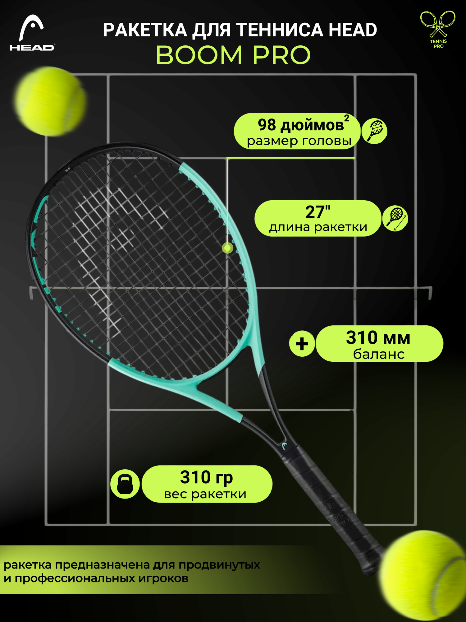 Ракетка для тенниса HEAD Boom Pro, черный, бирюзовый, 3 ручка