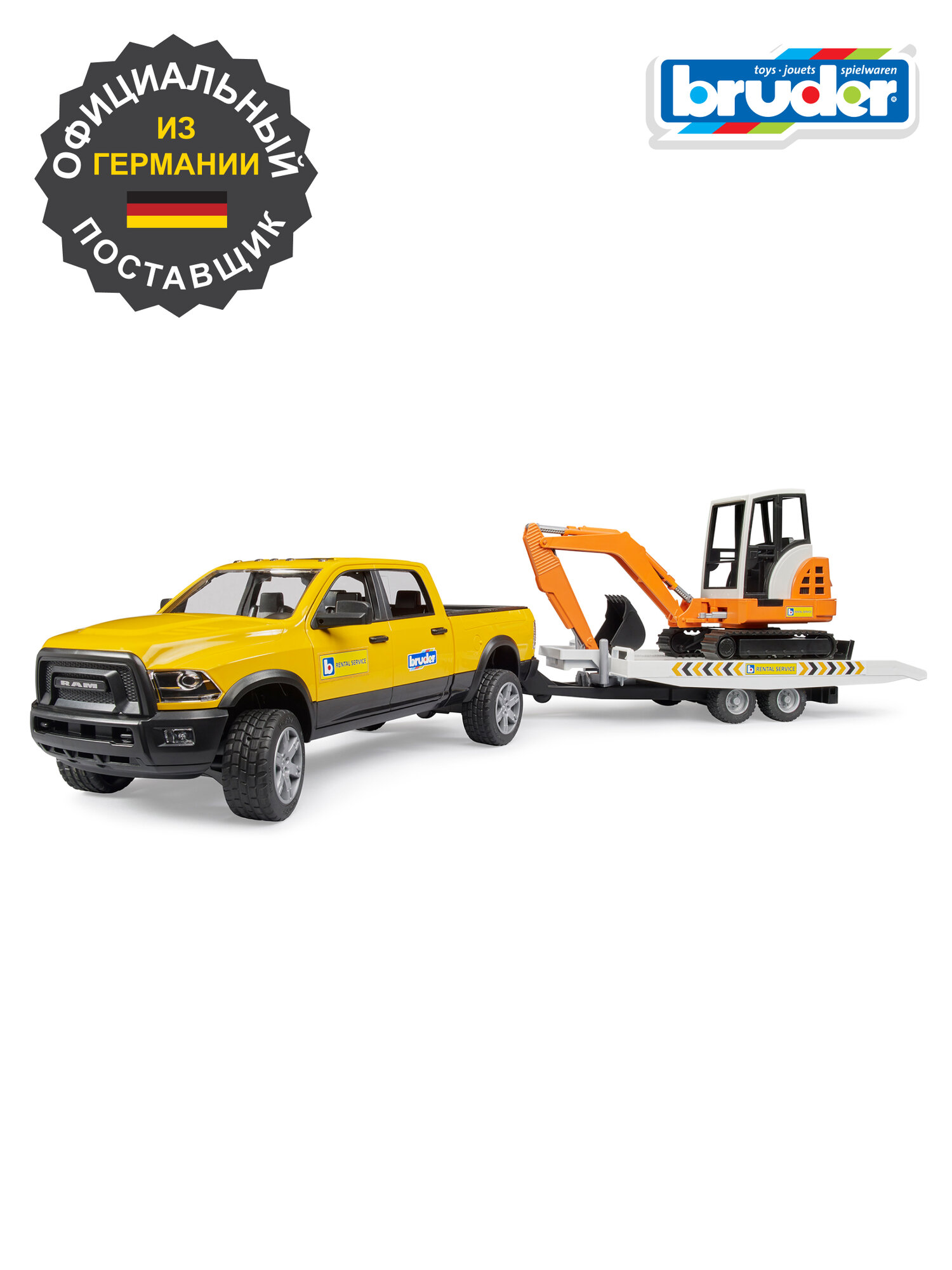Брудер, Джип RAM дорожной службы с трейлером и мини экскаватором, Bruder, 02-546