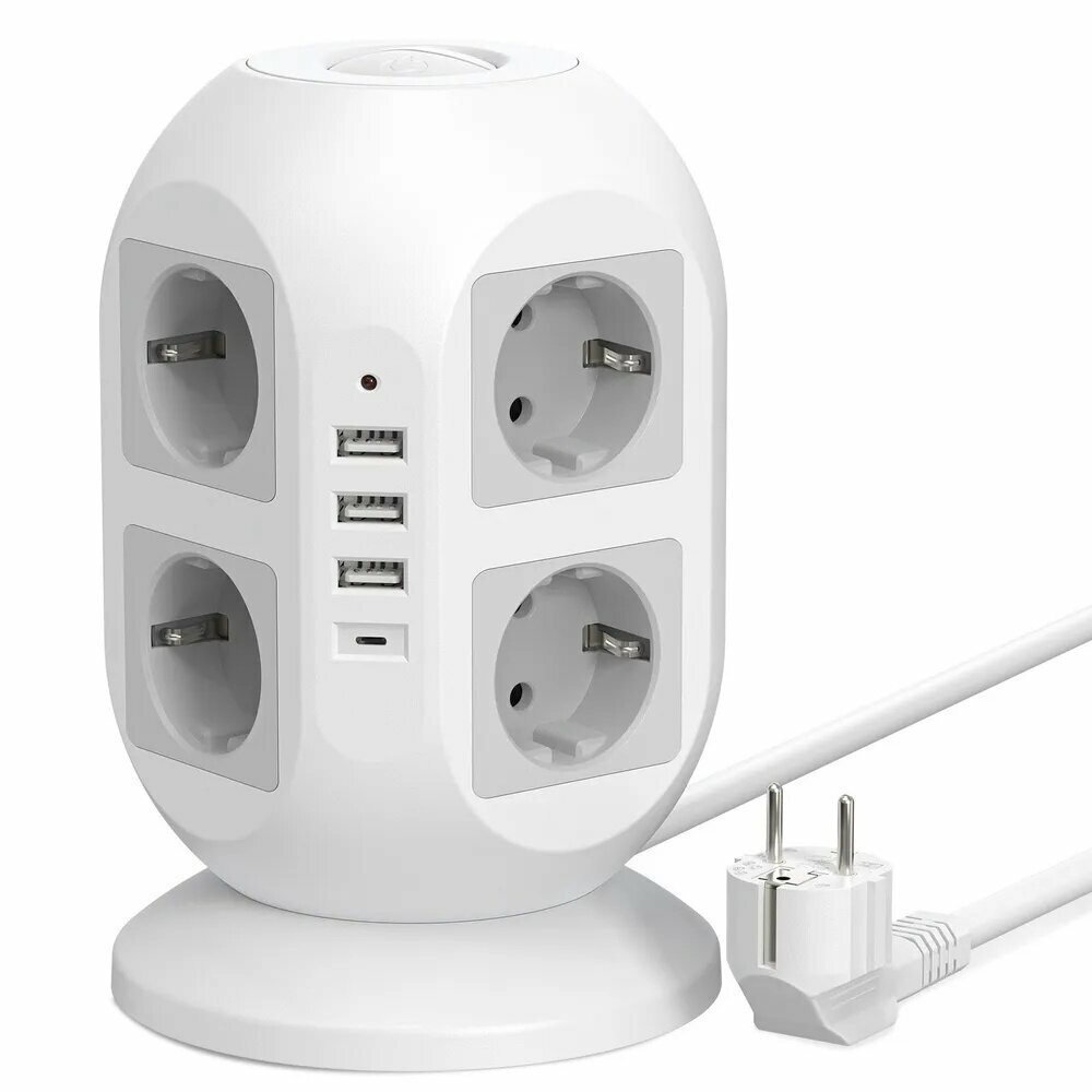 HITRENDS Удлинитель с 5 розетками и 2 USB + 2 Type-C (быстрая зарядка), поворотный на 180 , индивидуальные выключатели, 4000W 16A 250V, огнестойкий, кабель 5 см