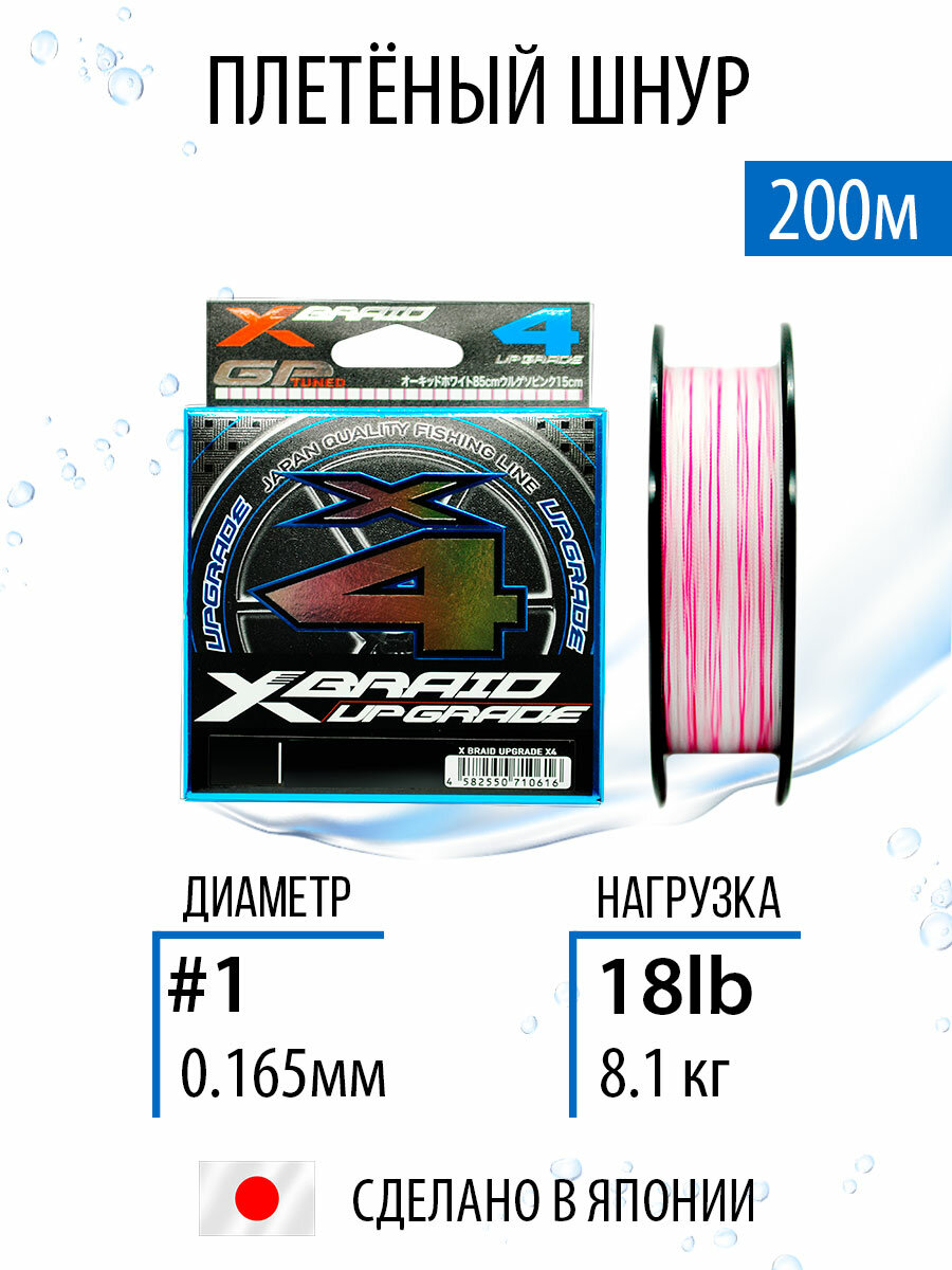 Шнур плетёный для рыбалки YGK X-Braid Upgrade X4 #1.0/18lb 200m плетёнка рыболовная, леска для спиннинга.