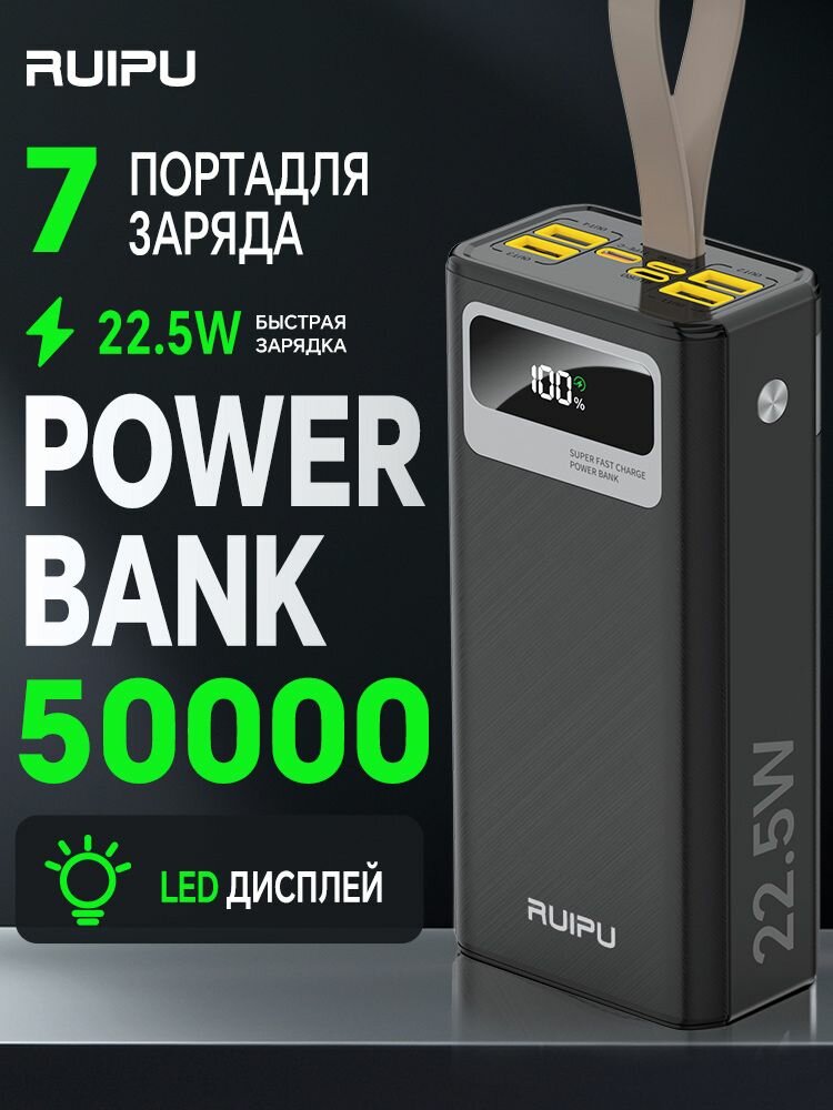 RUIPU Внешний аккумулятор, 50000 мАч, 22.5 Вт, черный матовый, K83