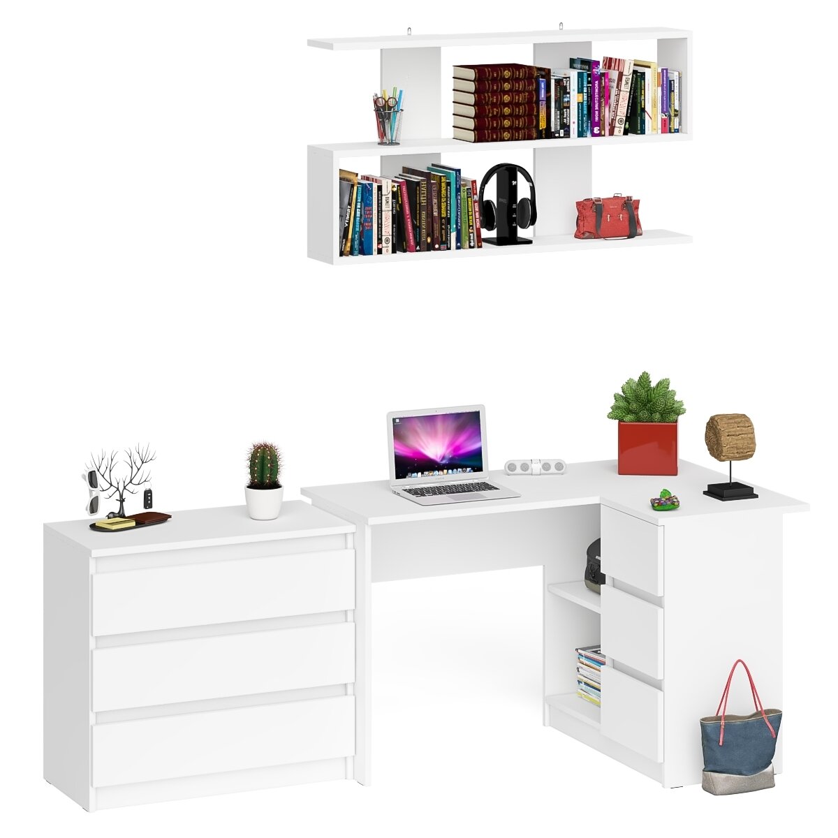 Стол компьютерный Мори МС-16 правый с навесной полкой и комодом МК800.1, белый, 204,8х84,9х209,6 см.