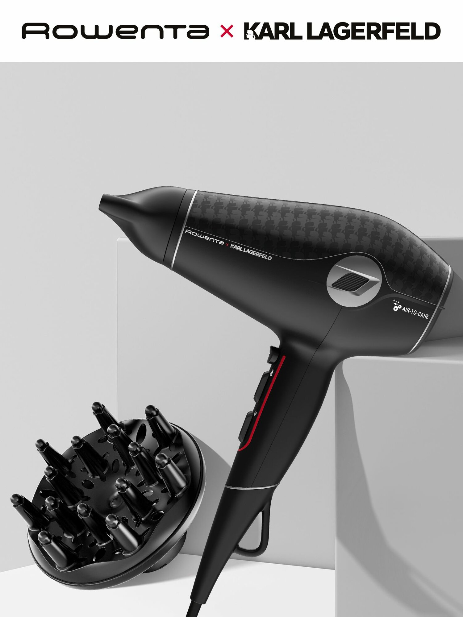Фен для волос Rowenta Karl Lagerfeld CV613LF0 черный/розовый, 1800 Вт, AC мотор, съёмная задняя решётка, ультра-холодный воздух, диффузор в комплекте