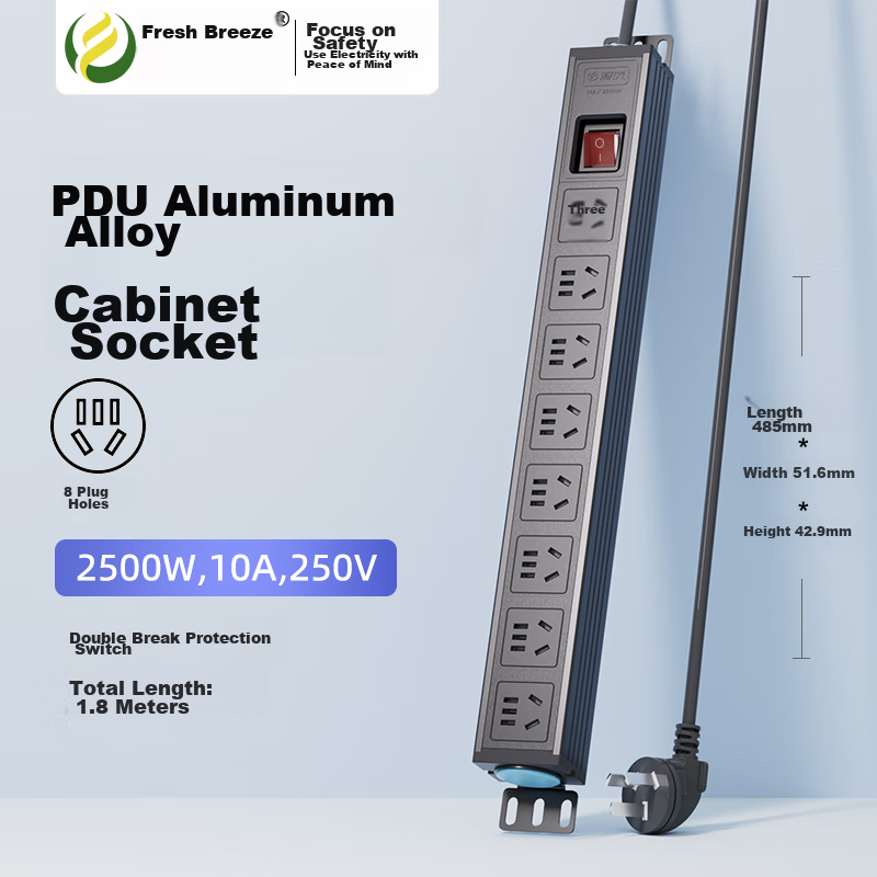 Kyfen Aluminum Alloy PDU Desktop Gaming Cabinet Power Strip/Extension Cord/Power Bar/Power Strip/Power Board/Power Strip 10A 8-Outlet Master Switch, 1.8m Long, 1 Flat, Dual Breaker Switch