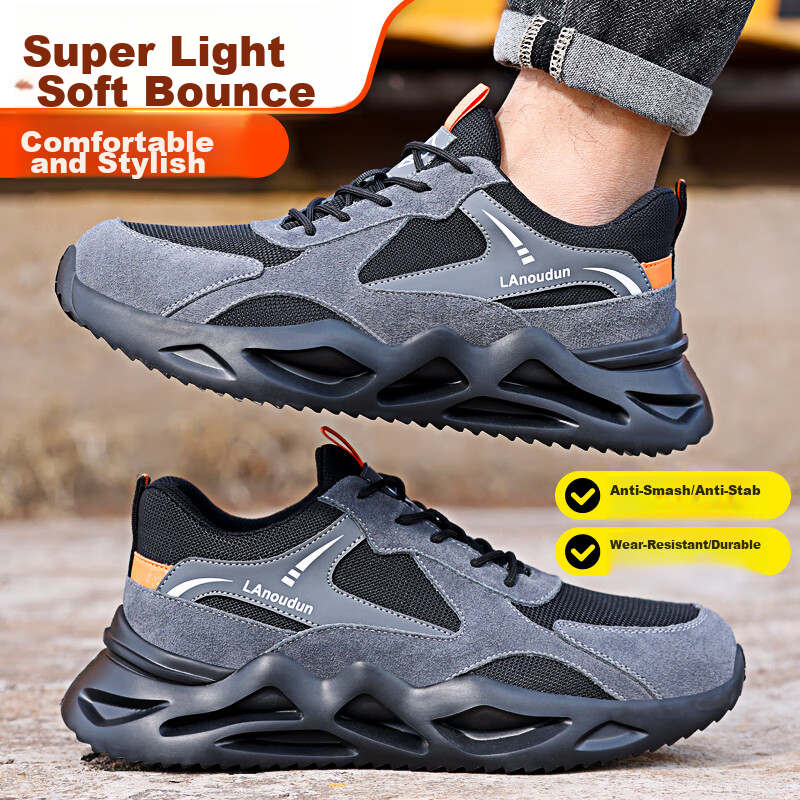 Blue Owl Shield Safety Shoes for Men, Summer Breathable Ultra-Light Anti-Smashing Anti-Puncture Steel Toe Cap Safety Construction Site Soft-Soled Work Shoes D218 Size 40