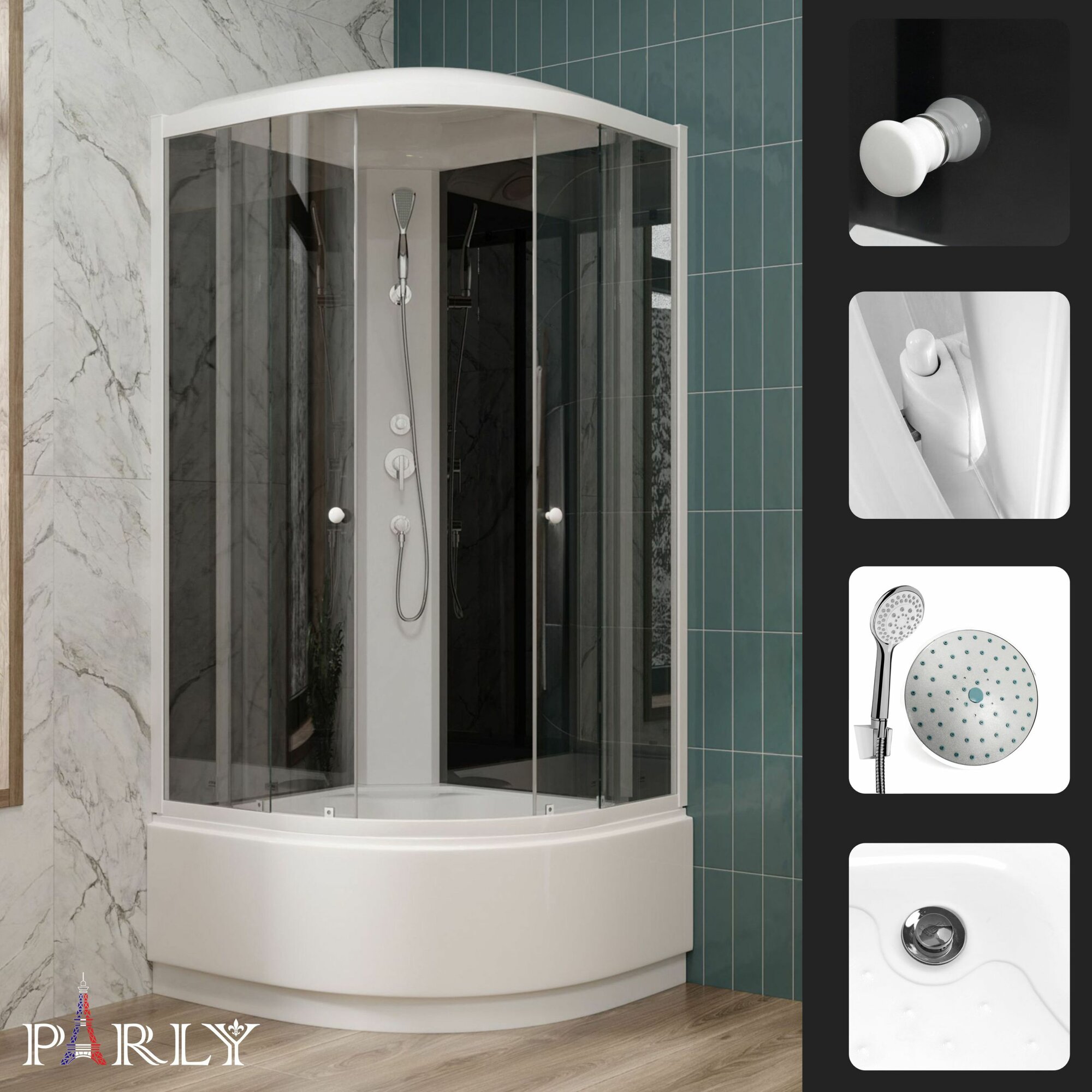 Душевая кабина Parly EC1021 (100х100х215), с высоким поддоном, профиль белый, стекло тонированное