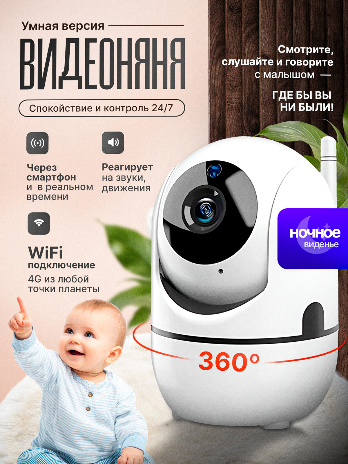 Видеоняня wifi беспроводная для дома и квартиры 1920х1080. IP камера 360 беспроводная.
