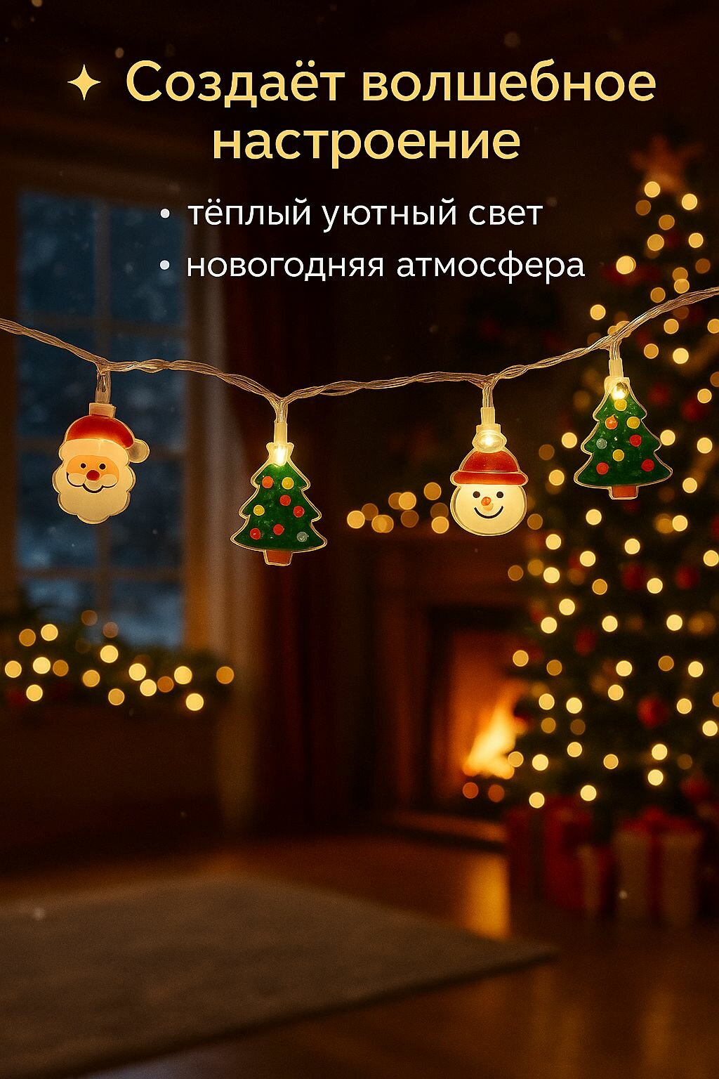 Гирлянда на батарейках 50 фигурок на ёлку, на окно, праздничная