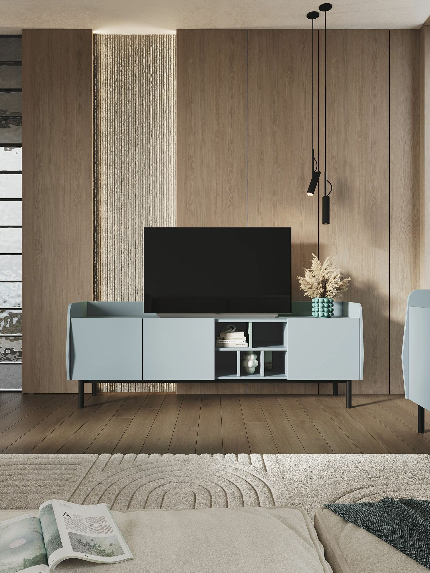 Тумба под телевизор напольная Бруно Комби ТВ, с полками, 180.6х43.7х62.5 см, Дасти Грин