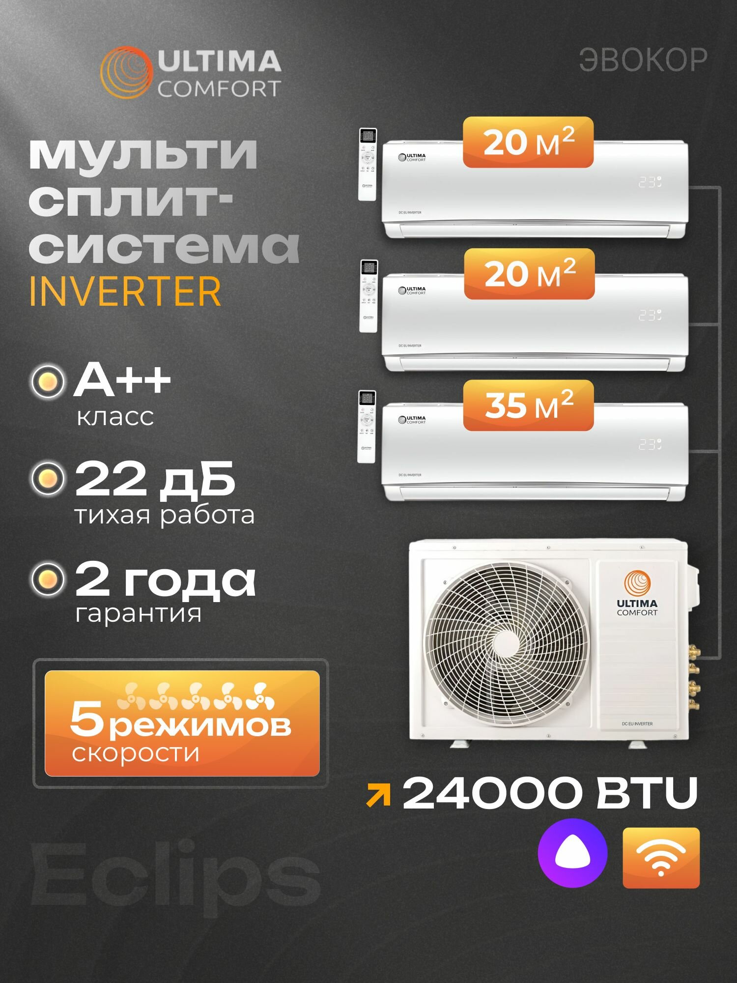 Инверторная мульти сплит-система Ultima Comfort Eclipse на 3 комнаты (20м2+20м2+35м2) UC-3FME24/UC-EMM09+09+12PN