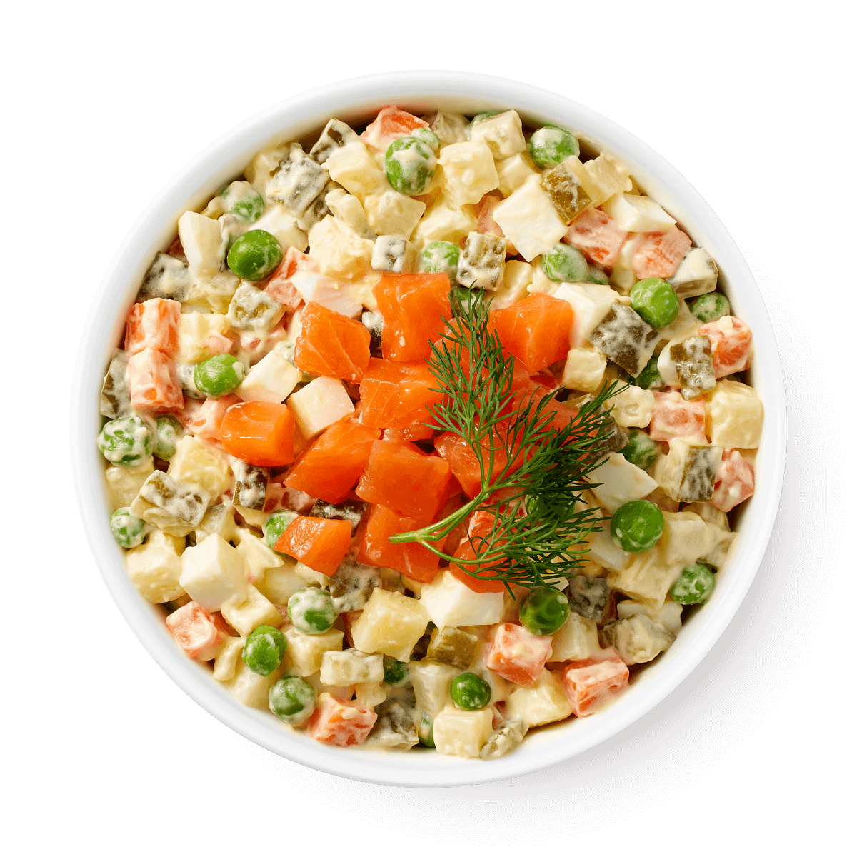 Салат "Оливье с форелью радужной слабосоленой", с овощами, 162 ккал