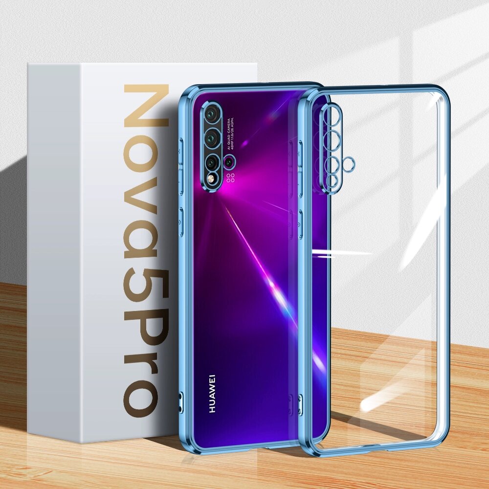 Чехол для Huawei Nova 5 Pro с амортизацией по краю, синий, прозрачный и не желтеющий, полная защита от ударов для