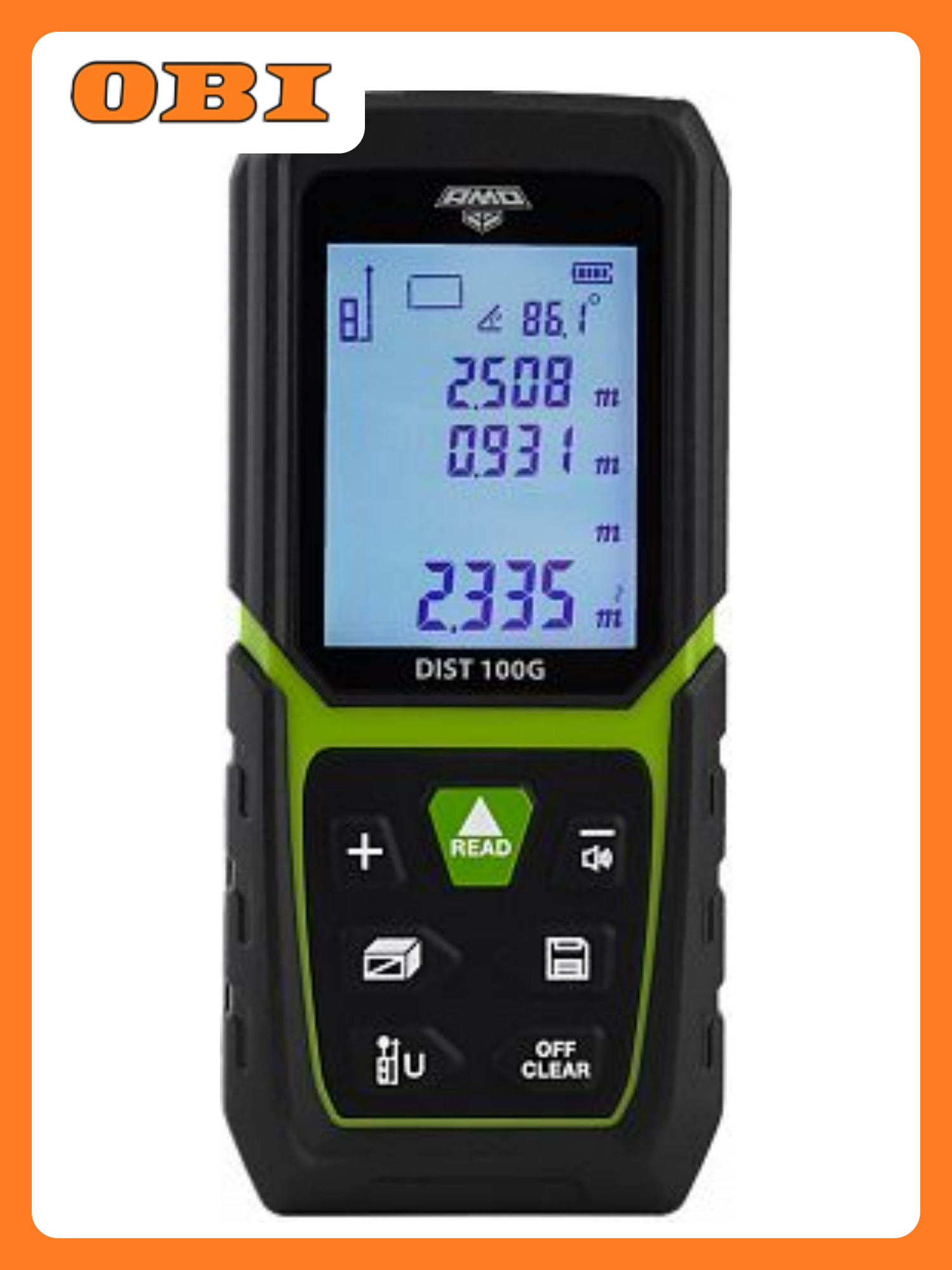 Лазерный дальномер AMO DIST 100G, точность ±2 мм, дальность 100м, Li-Ion 3,7В, 850мАч, IP54