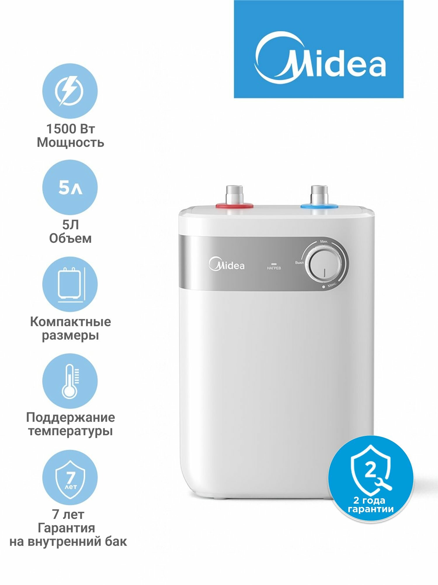 Водонагреватель Midea MWH05-15SMU, накопительный, электрический, 1500Вт, 5л