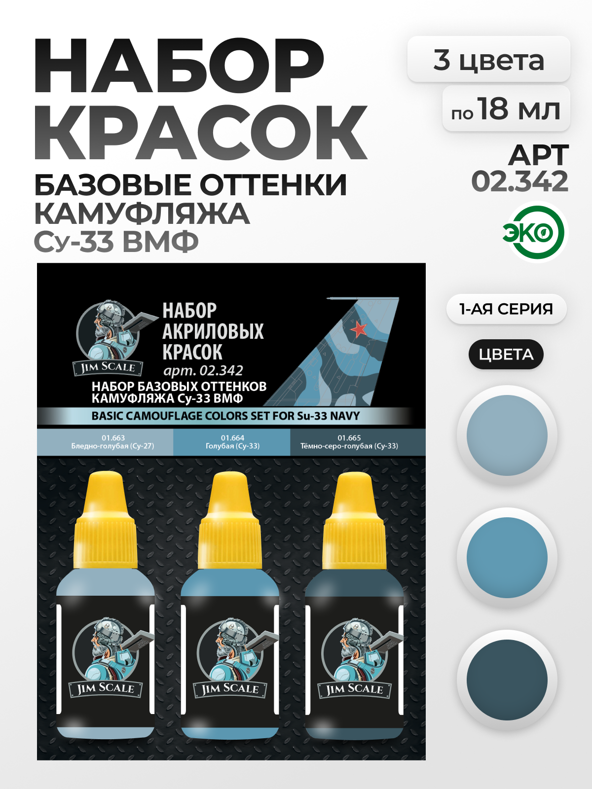 Набор красок Jim Scale Базовые оттенки камуфляжа Су-33 ВМФ 3 цвета