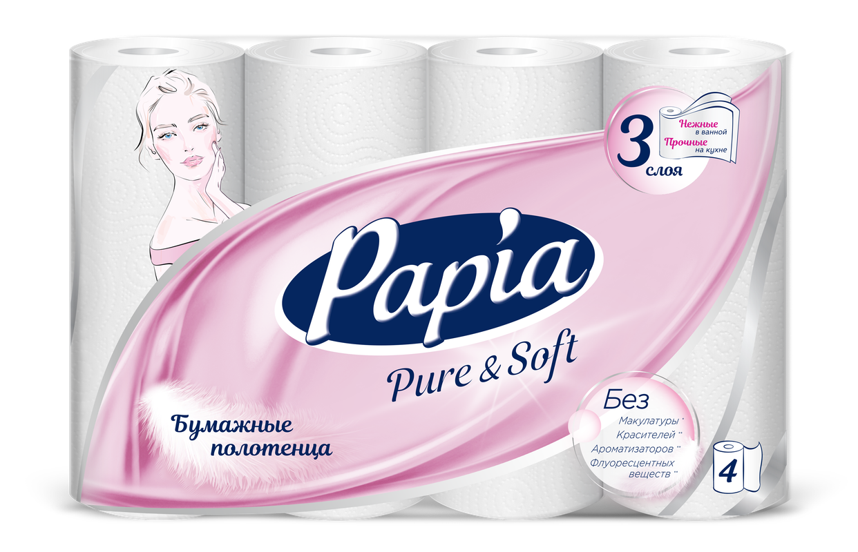 Полотенца бумажные Papia Pure&Soft трехслойные 4 рулона, белый, без запаха