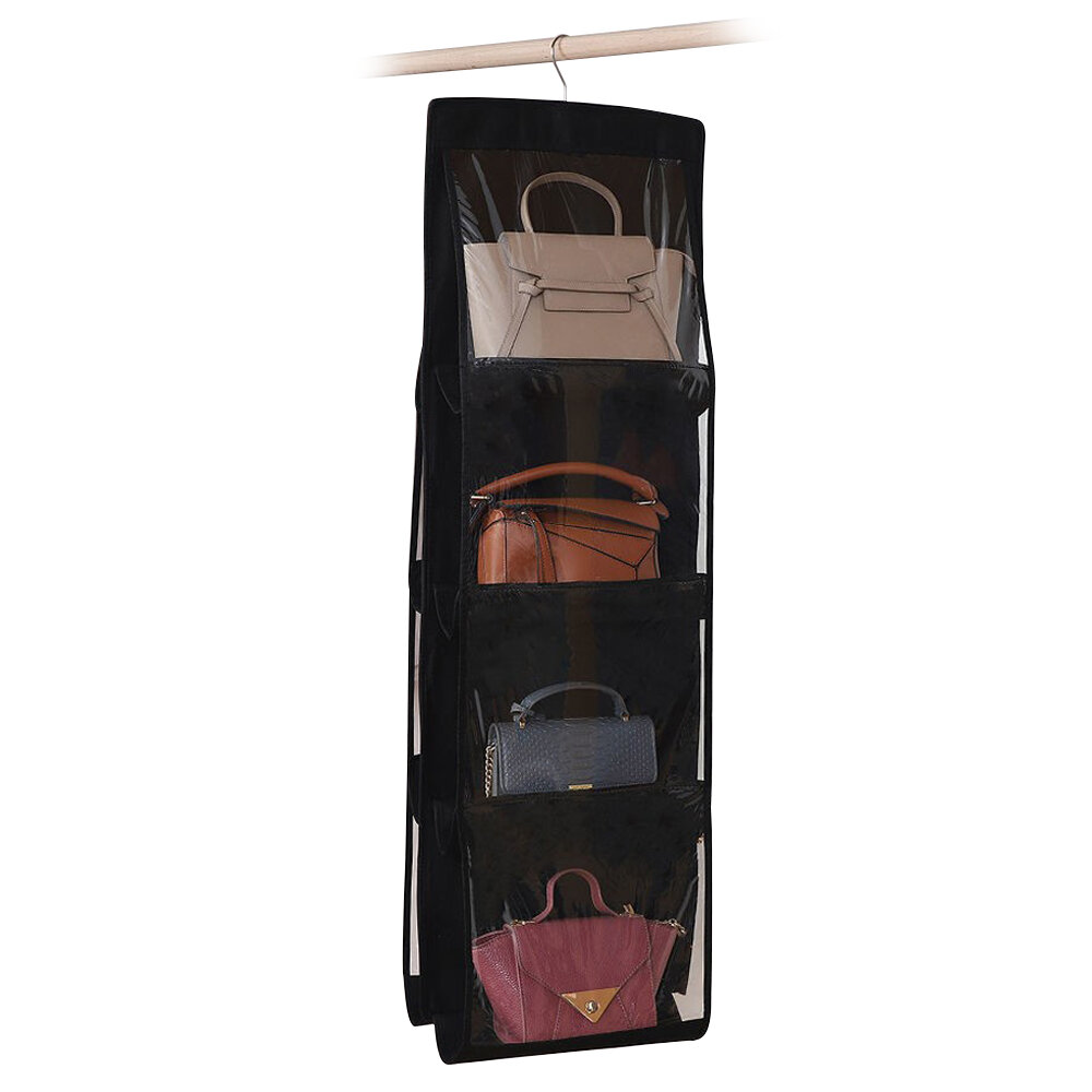 Органайзер для сумок 4-х слоев с 8 карманами, металлическим крючком, пылезащитный, для хранения сумок, для гардероба, шкафа, экономия места, черный, размер 117*35см, вес 250г, материал невапняная ткань/ПВХ