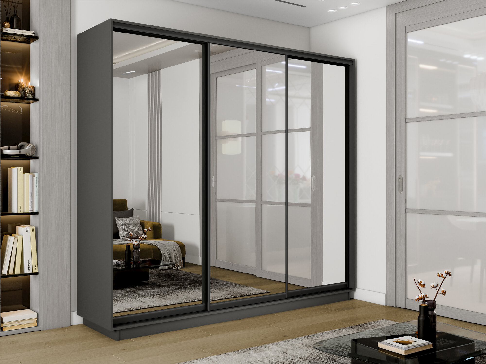 Шкаф купе Вилли 3-х дверный ЛДСП, зеркальные двери, профиль черный 210 см х 240 см х 45 см (Серый диамант)