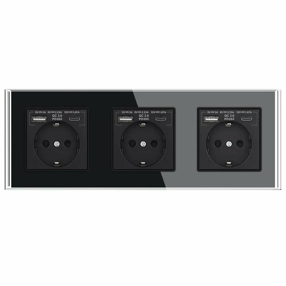 Розетка электрическая тройная с USB и type-C входами, быстрая зарядка 20W, рамка закаленное стекло Чёрный