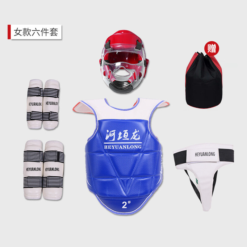 Защитный комплект для тхэквондо из шести предметов в красно-синих тонах с узором соломенного коврика, защитное снаряжение для бокса и саньда, защита тела для боевых искусств.