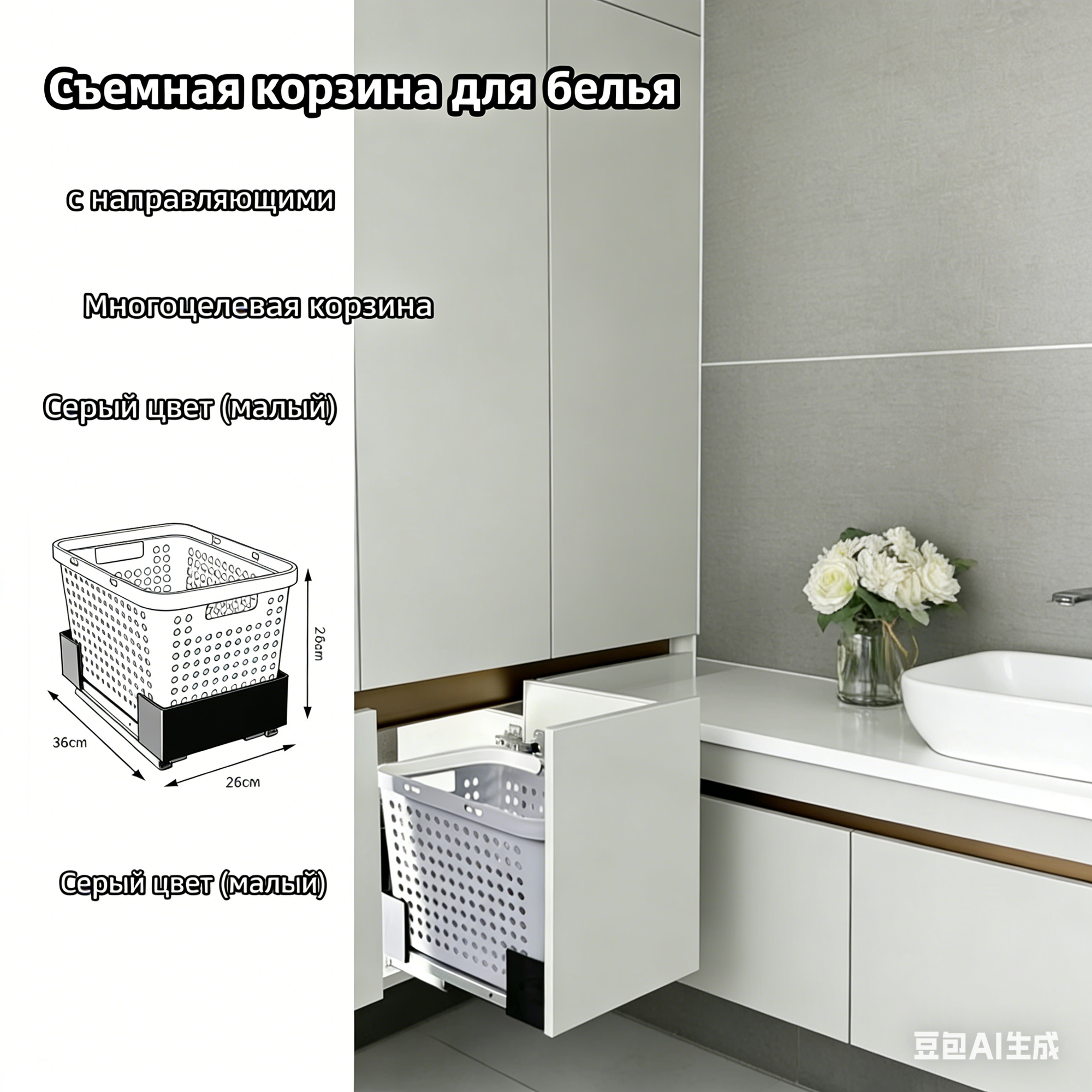 Корзина выдвижная для белья в модуль направляющими в шкаф-купе, Серый цвет (малый)