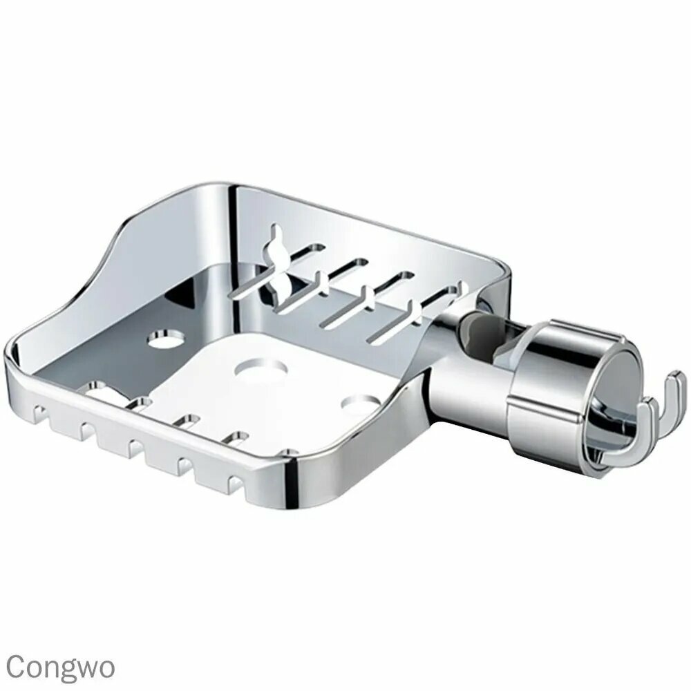 Крепление для душа "Мортон" без сверления, регулируемая подставка-держатель, полка для ванной комнаты с крючками и подвижным механизмом, цвет серебристый