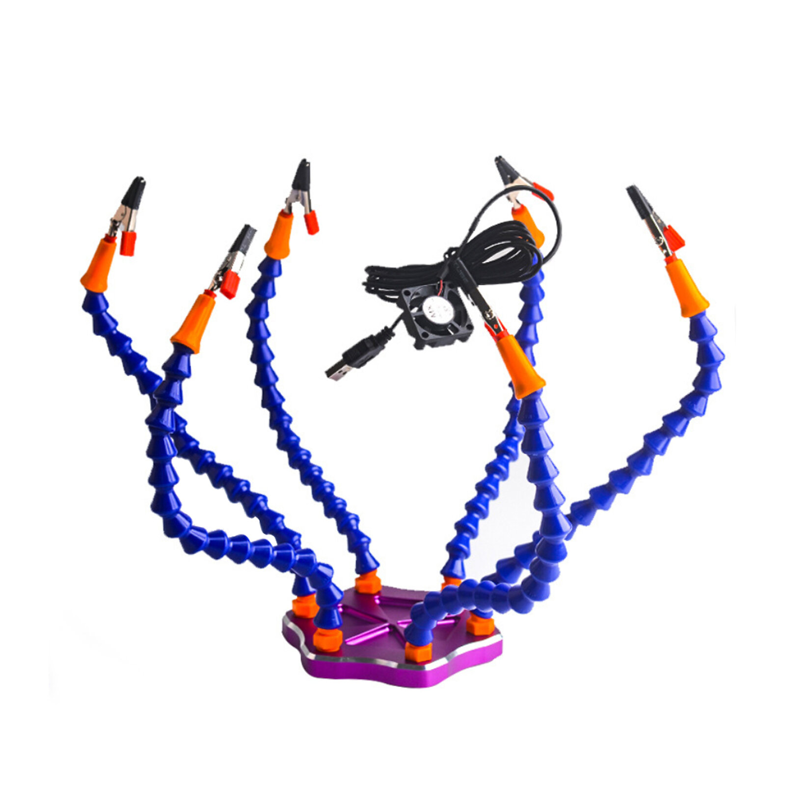 Крепление для паяльника Third Hand с 6 гибкими руками, станция для пайки, набор инструментов с USB вентилятором, черный, фиолетовый (выбор), материал алюминиевый сплав + пластик + силикон, база алюминиевого сплава 133*14мм, трубки универсального шарнира