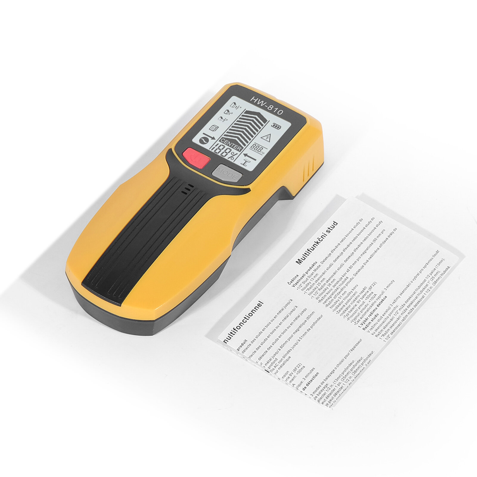 Детектор проводов/металла/древесины, ручной, с LCD, желтый