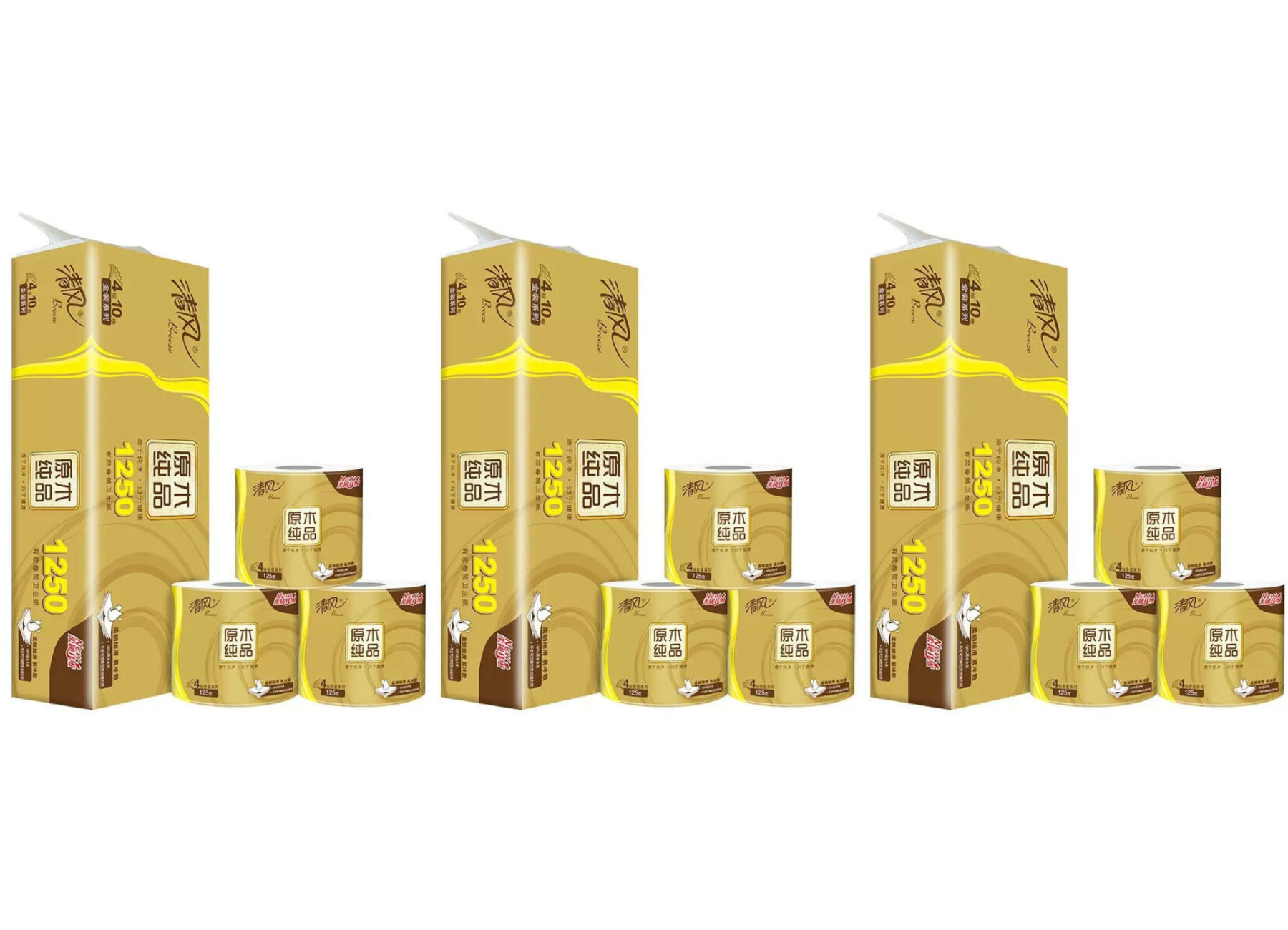 Туалетная бумага Gold Hong Ye Paper Breeze, четырёхслойная, с гладкой поверхностью, 18м, 10 рулонов, 3 уп