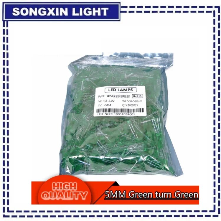Светодиоды Z2 5мм 1000 шт. green turn green