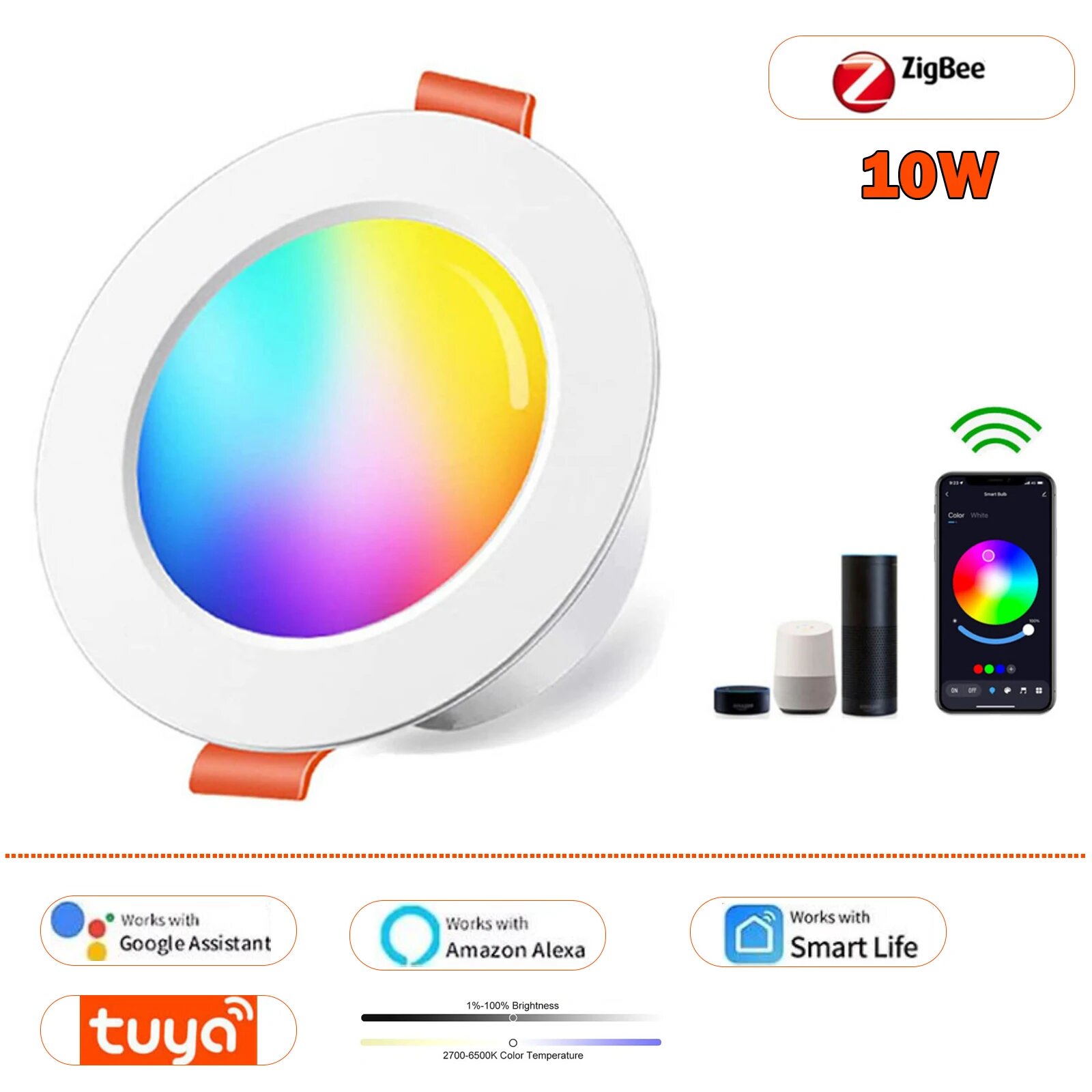 Смарт-спотлайт WiFi LED встроенный Zigbee Bluetooth, регулируемый, AC85-265V, 10W 15W, совместим с Alexa Google-10W ZIGBEE RGBCW
