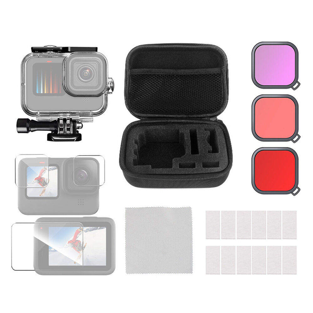 Чехол для спортивной камеры водонепроницаемый 35M с чехлом для хранения и защитными стёклами из закаленного стекла, цветные фильтры для Hero10 9 для серфинга, сноркелирования, глубокого дайвинга, цвет: Многоцветный, материал: Пластик, нейлон,