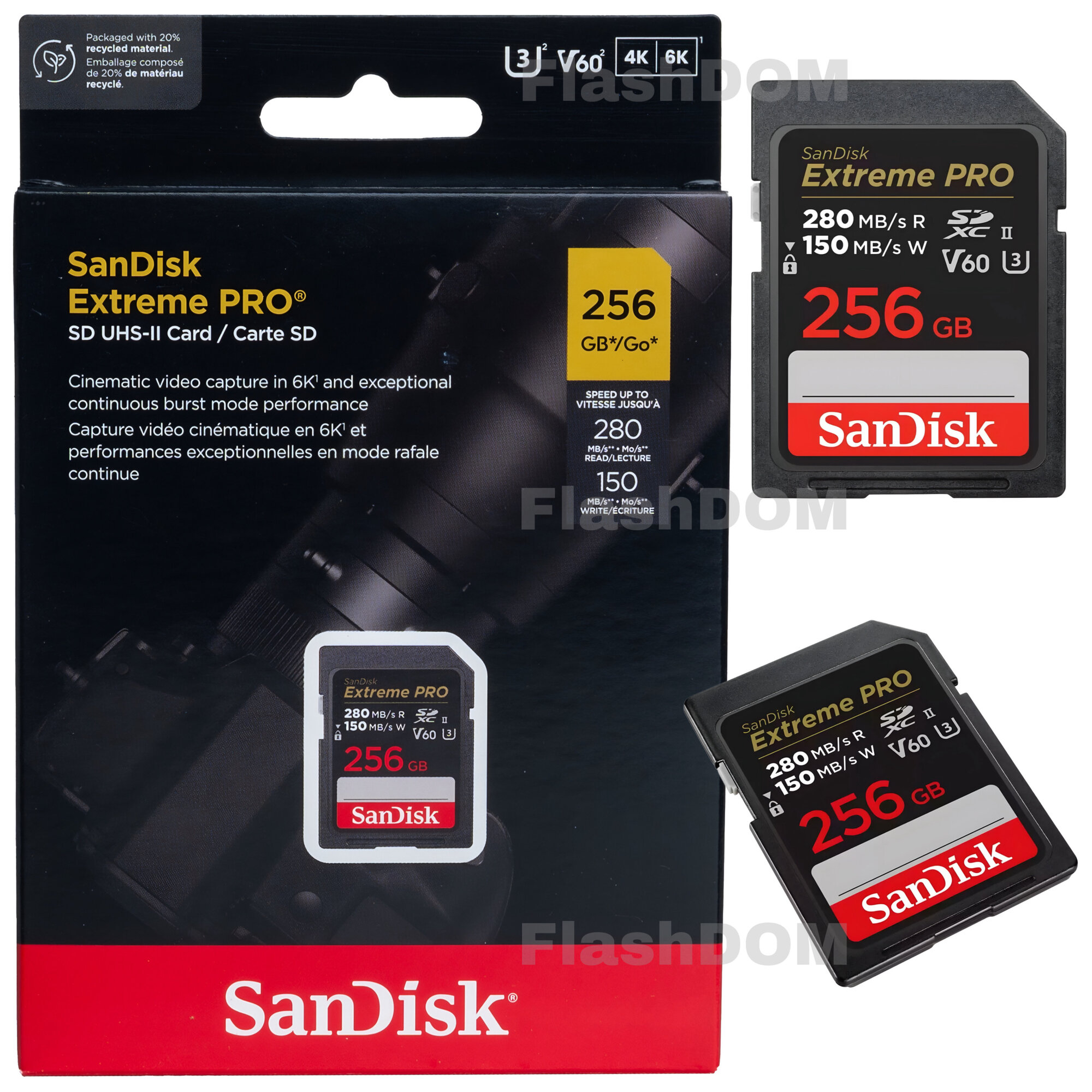 Карта памяти SanDisk Extreme PRO SDXC 256 ГБ Class 10 UHS-II U3 V60 6K-Video (R/W 280/150 Mb/s)