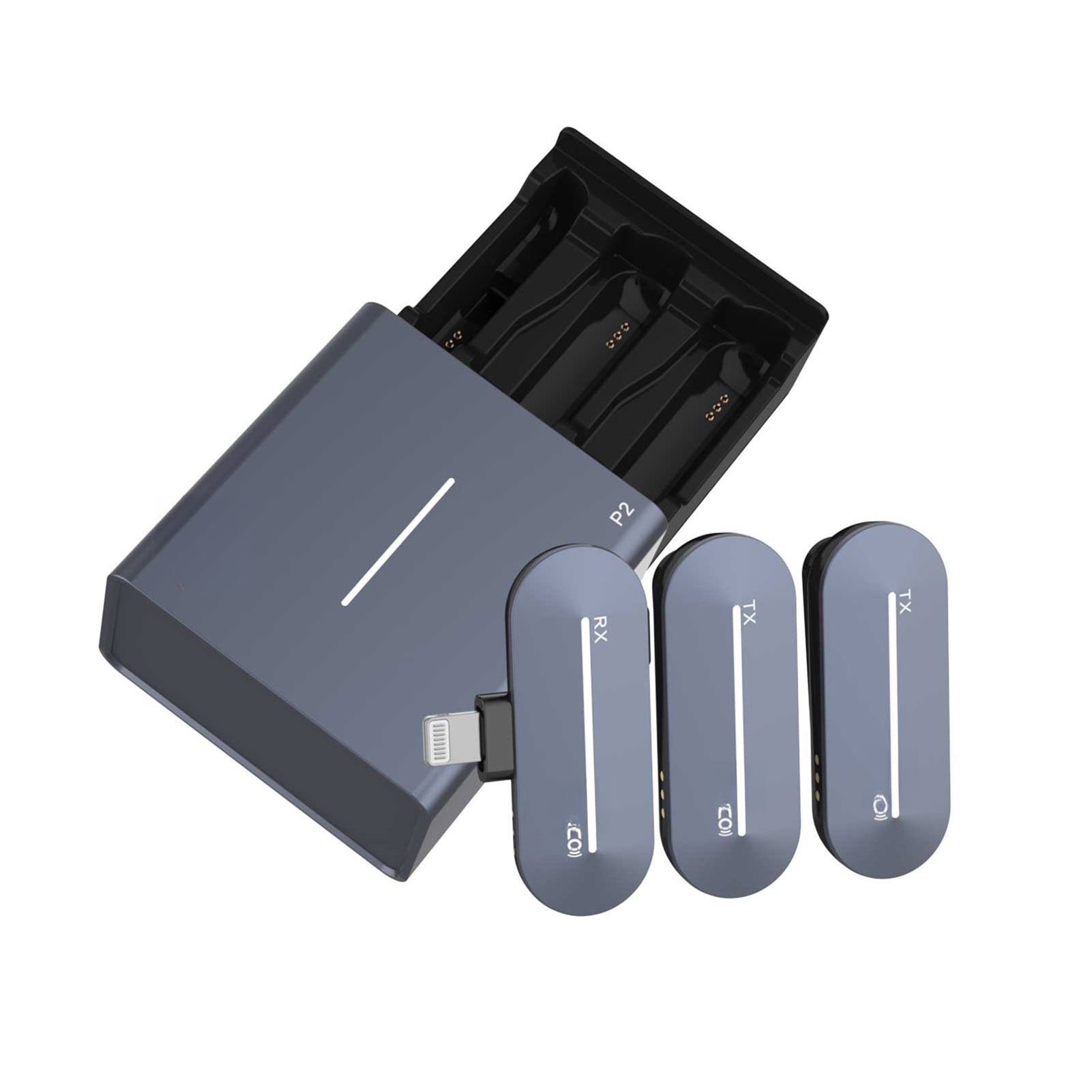 SYNCO P2L 1-Trigger-2 2.4G Беспроводная Микрофонная Система с 2 Передатчиками + 1 Мини-Ресивером + 1 Беспроводной Зарядный Кейс Дальность Передачи 150М Встроенная Батарея Для iPhone iPad Цвет Pearl White/Stone Blue