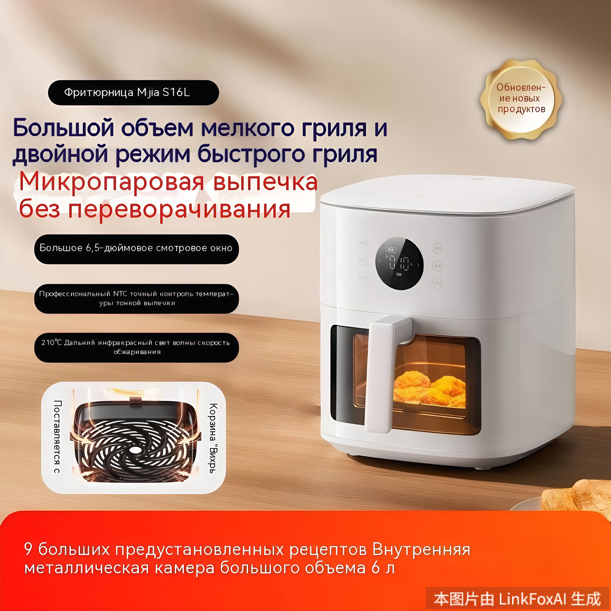 Аэрогриль Xiaomi " Air Fryer", 6л, Модель: S1, регулировка температуры, белый