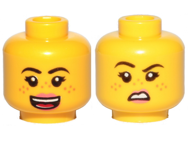 Minifigure, Head Dual Sided Female Black Eyebrows, Medium Nougat Freckles, Dark Pink Lips, Open Mouth Smile / Disgusted Pattern, 3626pb2568 Yellow U