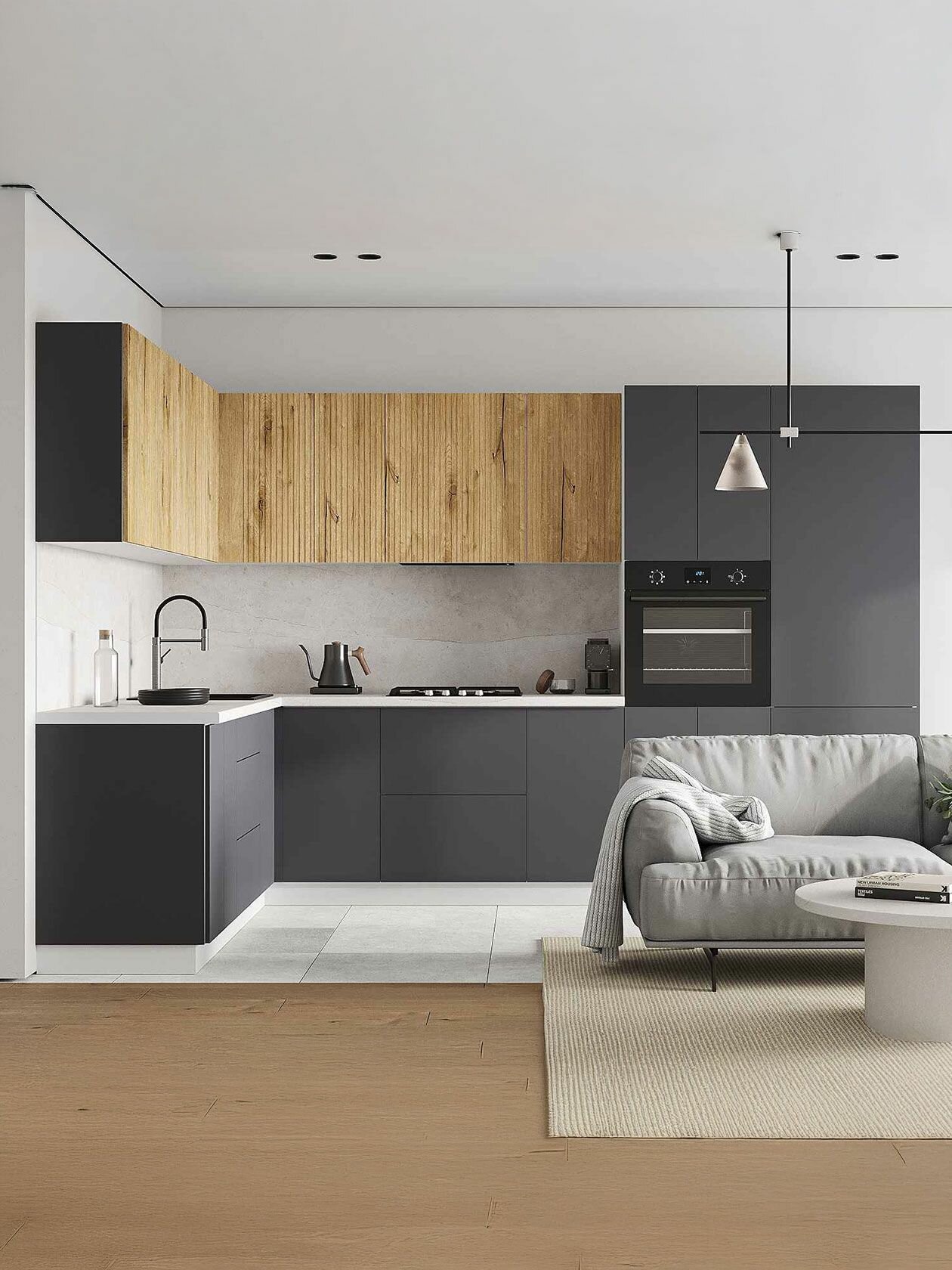 Кухонный гарнитур угловой Комби 3.2х2.2 м, мебель для дома и кухни, Белый / Дуб Торонто / Графит