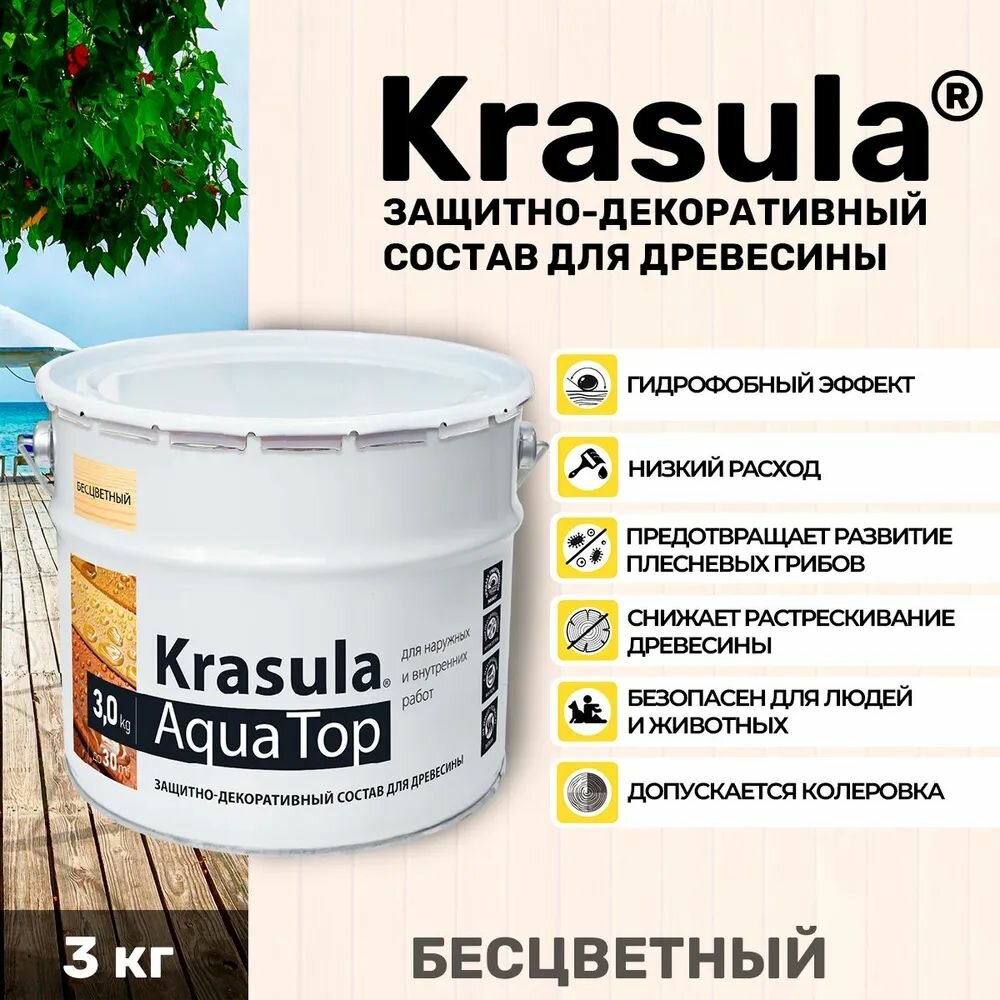 Krasula Aqua Top 3кг, Красула Аква Топ, Состав для древесины защитно-декоративный, бесцветный